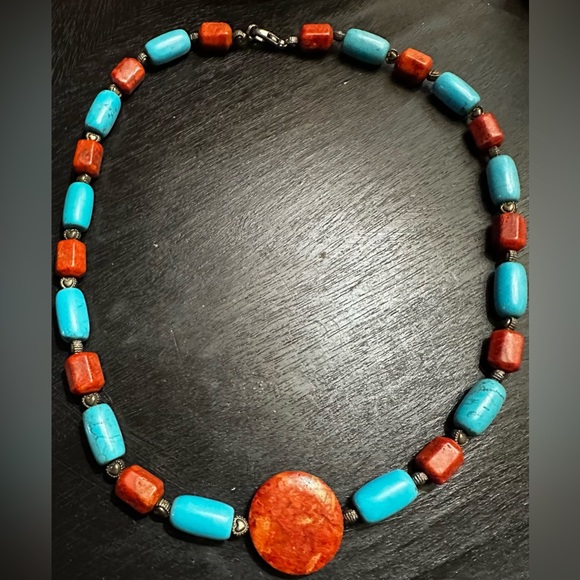 Jewelry | Vintage Turquoise Red Jasper Native Necklace With Sterling ...